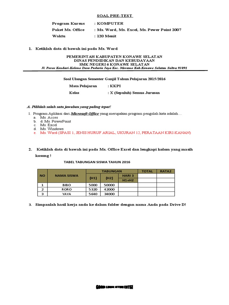 Soal Pre-Test Komputer | PDF
