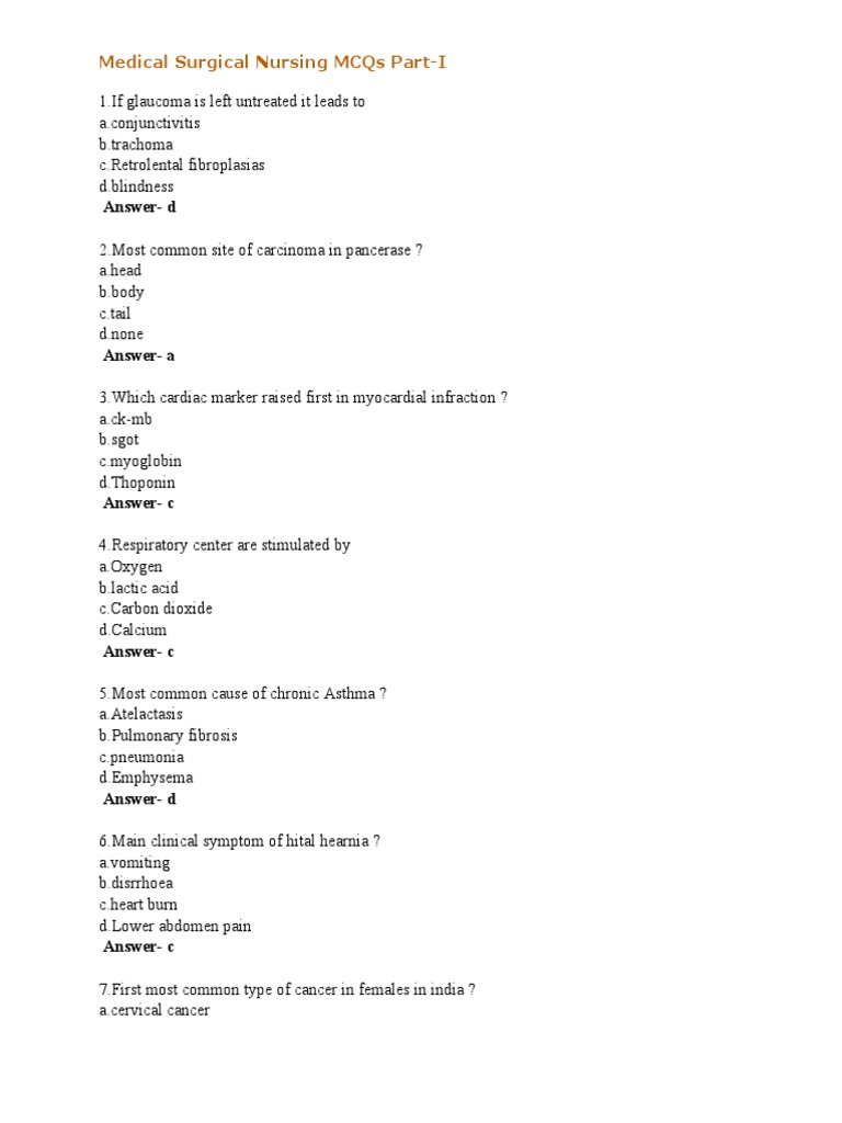 Medical Surgical Nursing MCQs Part-I | PDF | Stomach | Cancer