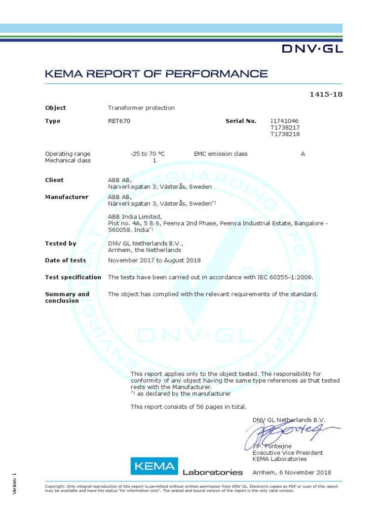 KEMA - Type Test Certification - Report - of - Performance - RET670 ...