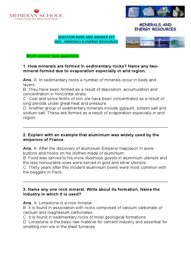 Question Bank and Answer Key Geo: Minerals & Energy Resources | PDF ...