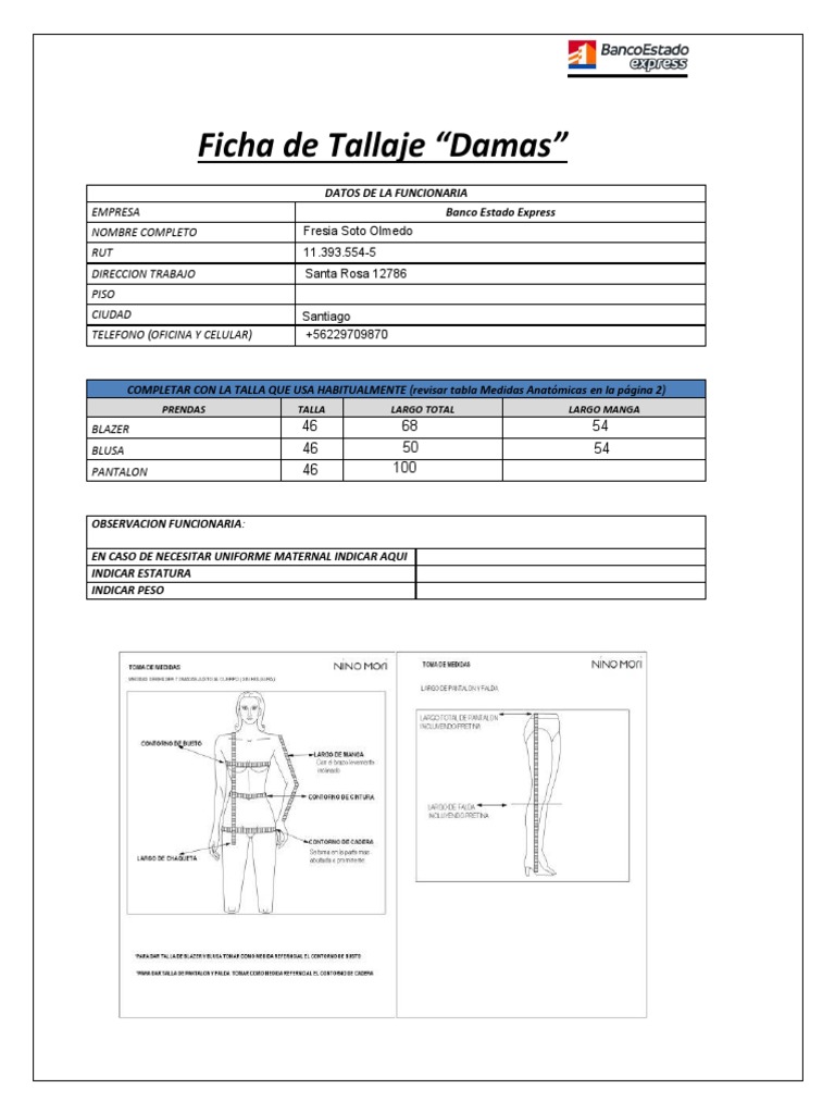 Ficha de Tallaje Dama | PDF
