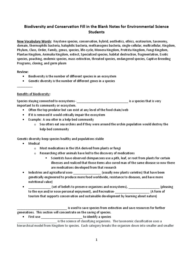Biodiversity and Conservation Fill in The Blank Notes For Environmental ...
