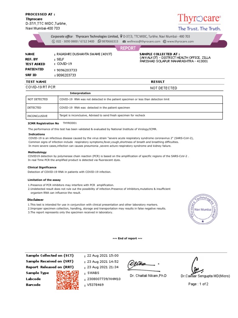 COVID-19 RT PCR Test Result | PDF | Polymerase Chain Reaction | Infection