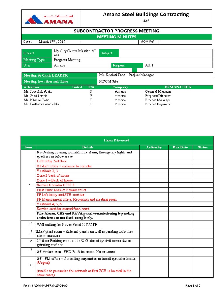 Amana Steel Buildings Contracting: Subcontractor Progress Meeting | PDF ...