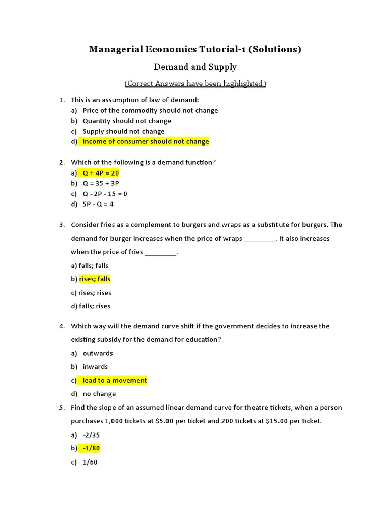 Managerial Economics Tutorial 1 Solution | PDF | Demand | Elasticity (Economics)