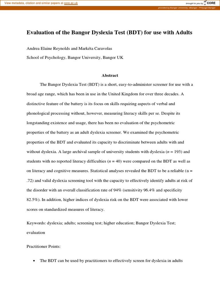 Evaluation of The Bangor Dyslexia Test (BDT) For Use With Adults | PDF ...
