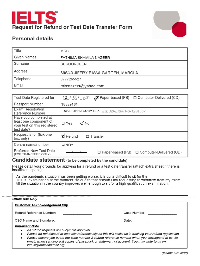 Request For Refund or Test Date Transfer Form Personal Details ...