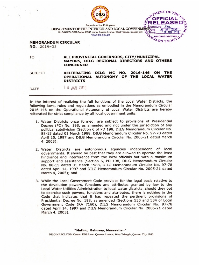 DILG MC 2019-03 Operational Autonomy of The Local Water Districts | PDF