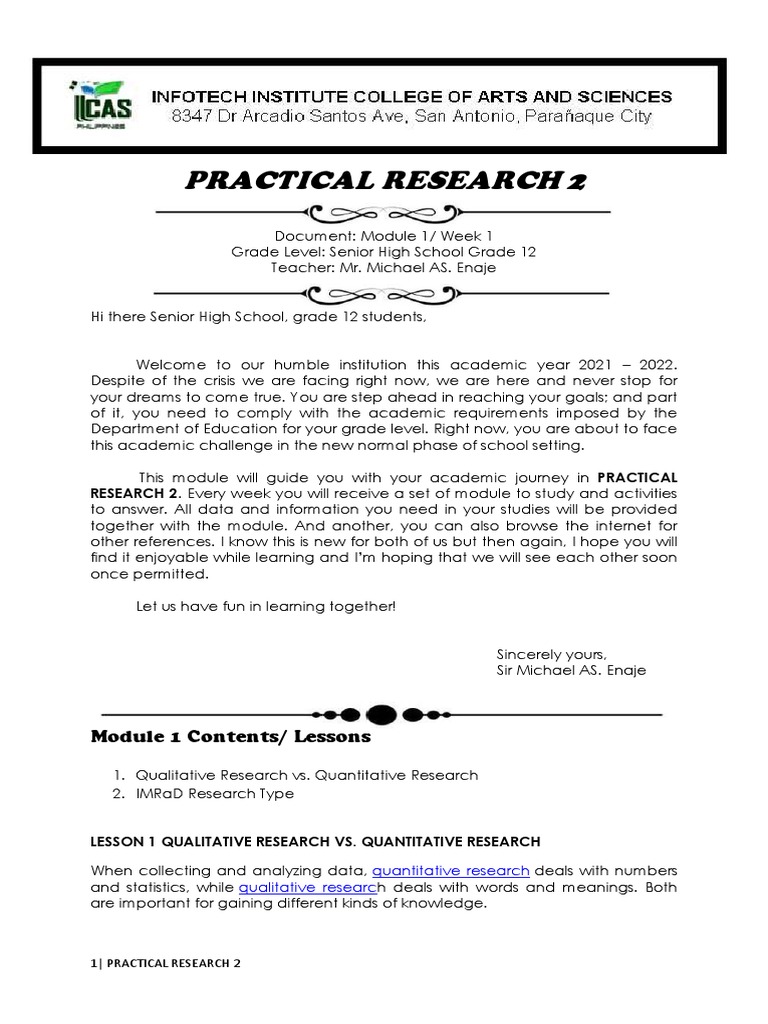 Practical Research 2: Module 1 Contents/ Lessons | PDF | Methodology ...