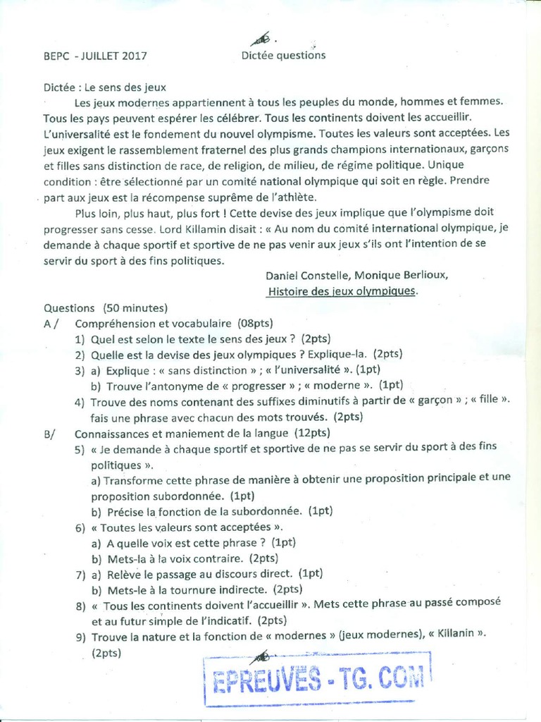 Bepc. Dictee Questions. 2017 | PDF