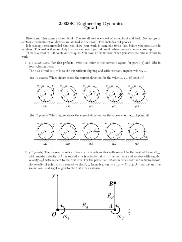 Dynamics Quiz 1 | PDF | Torque | Force