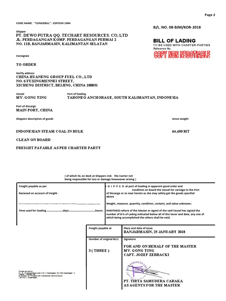 Bill of Lading: B/L. NO. 08-BJM/KOR-2018 Pt. Dewo Putra Qq. Techart ...