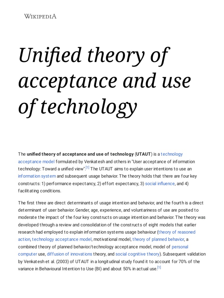 Unified Theory of Acceptance and Use of Technology - Wikipedia | PDF ...