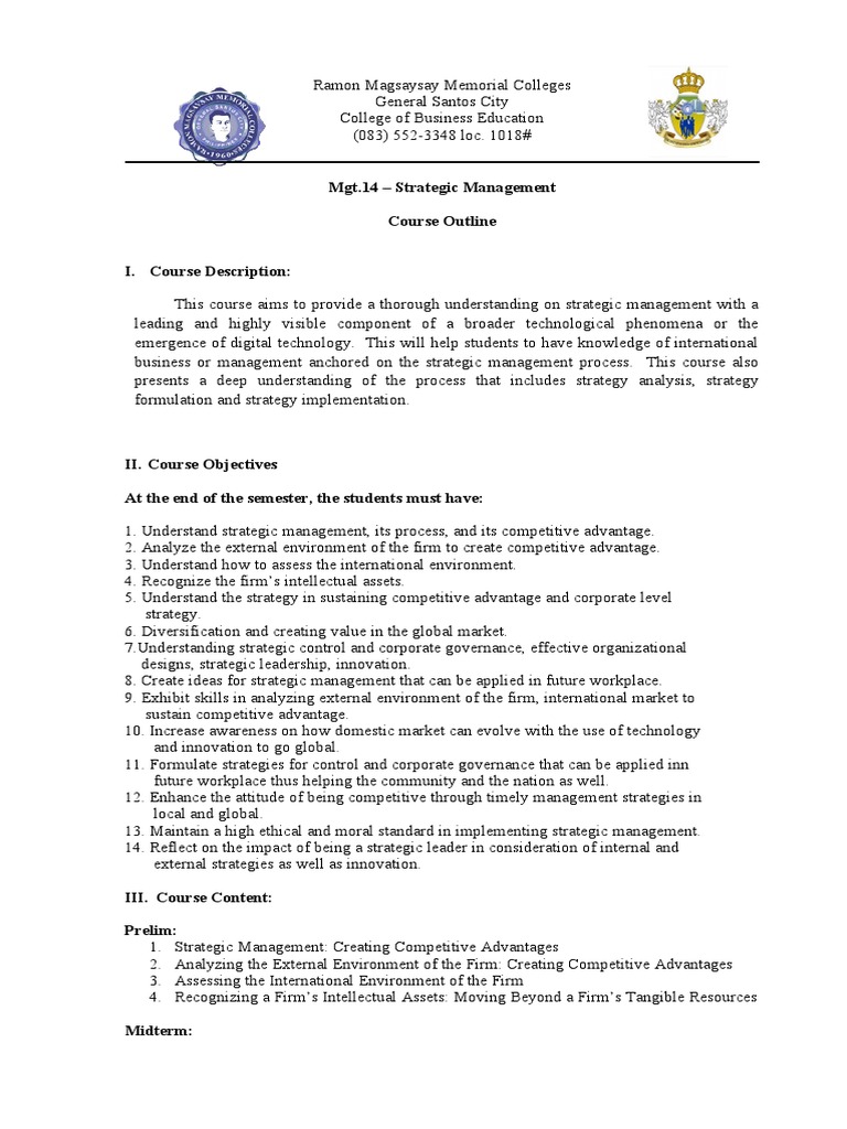 Mgt.14 - Strategic Management Course Outline | PDF | Strategic ...