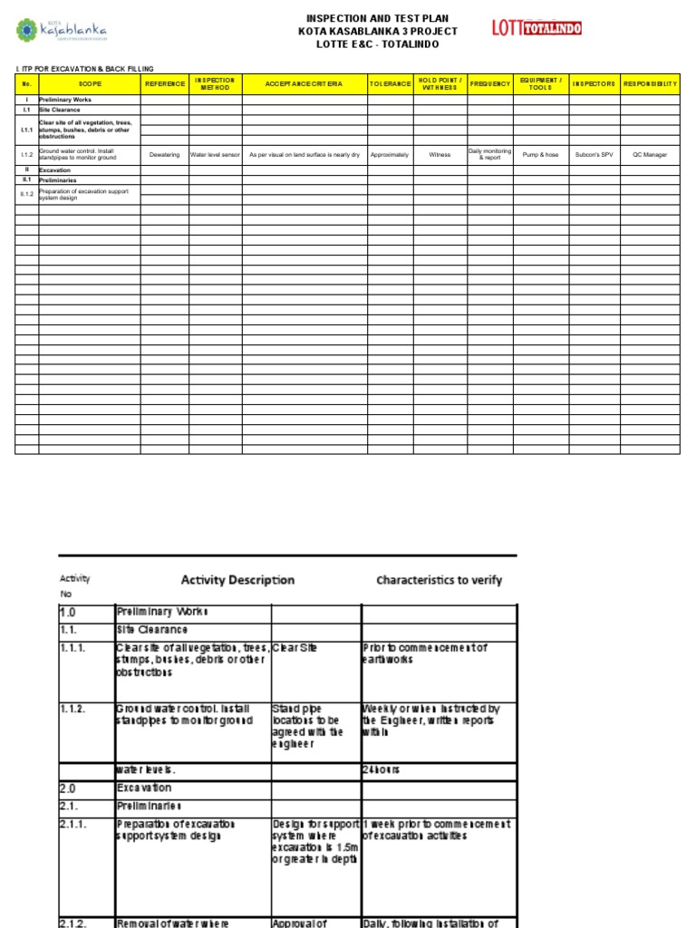 Excavation and Backfilling ITP | PDF | Specification (Technical Standard)