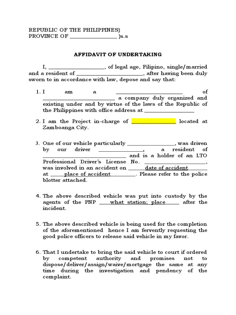 Affidavit of Undertaking (For The Release of Motor Vehicle) | PDF