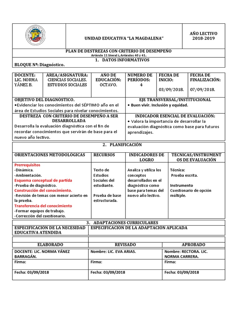 Plan Diagnóstico Eess 8vo-9no................ | PDF | Evaluación | Planificación