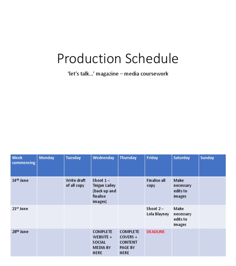 Coursework Production Schedule PDF Ver | PDF