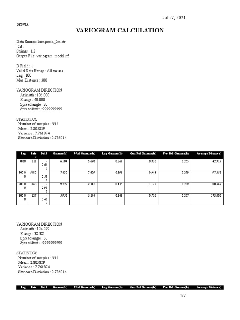Variogram Calculation: Geovia | PDF | Standard Deviation | Variance