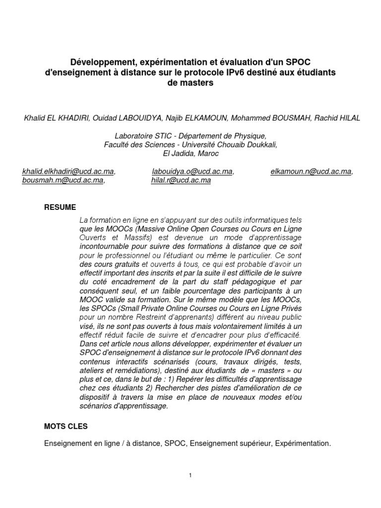 Développement, Expérimentation Et Évaluation D'Un Spoc D'Enseignement À Distance Sur Le ...