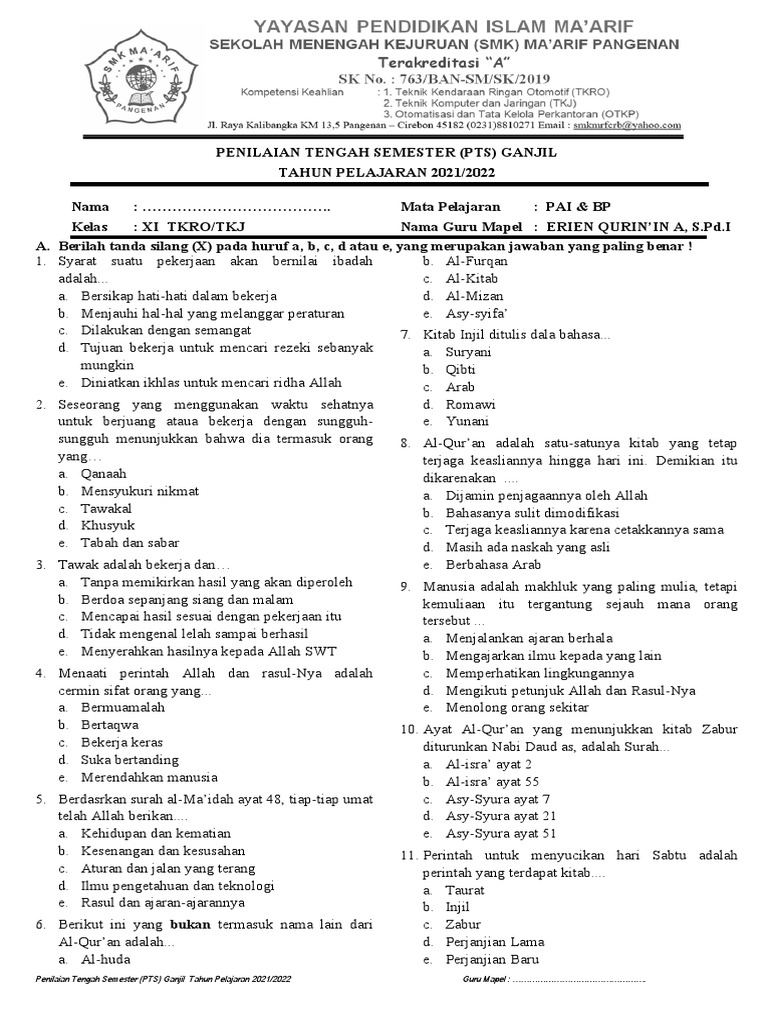 PTS Ganjil PAI Dan BP XI TKRO 1-2 Dan TKJ | PDF