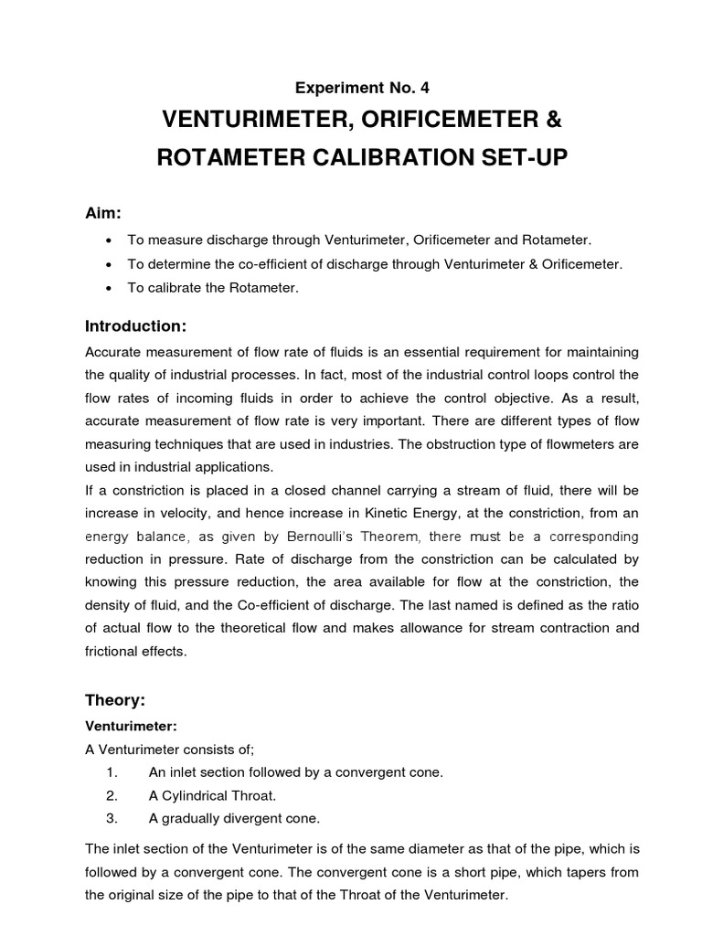 Venturimeter, Orificemeter & Rotameter Calibration Set-Up: Experiment ... Venturimeter, Orificemeter & Rotameter Calibration Set-Up: Experiment ...