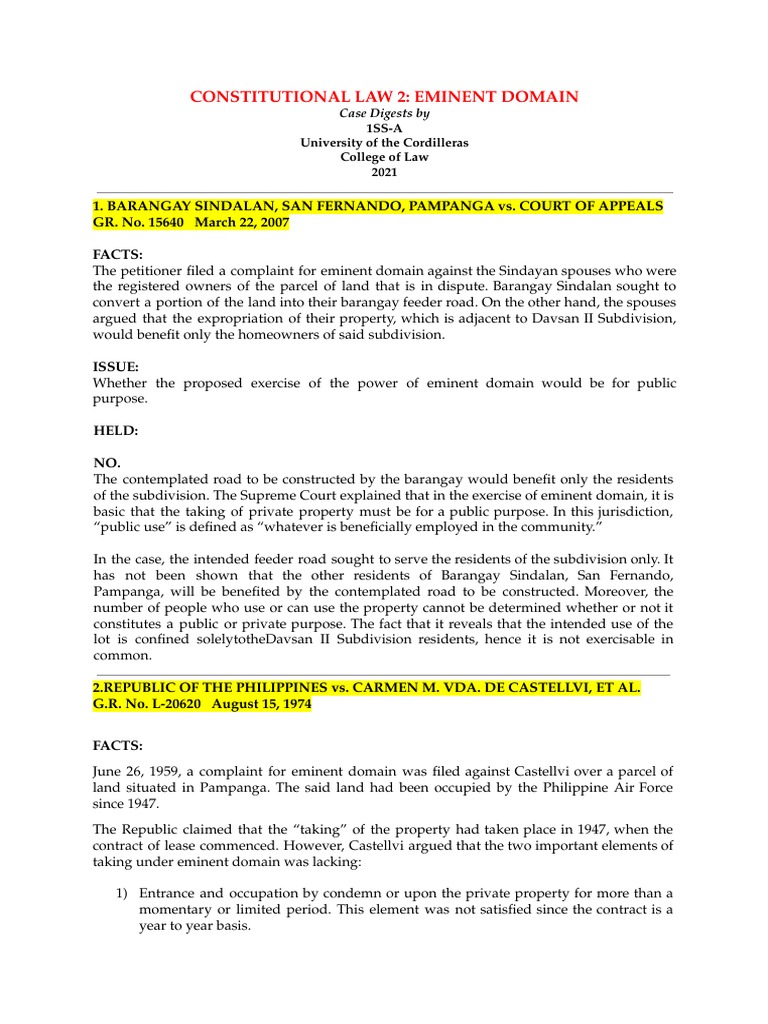Eminent Domain Case Digests 2021 | PDF | Eminent Domain | Just Compensation