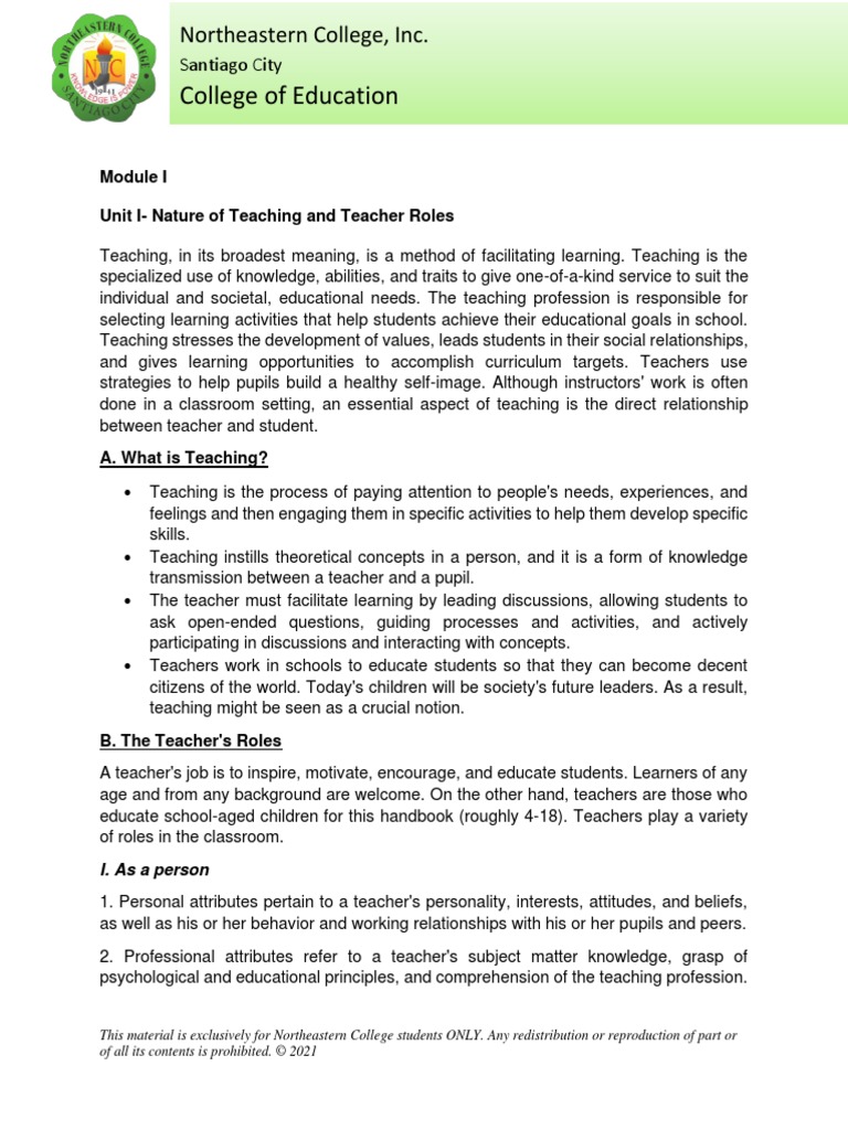 Module I Nature of Teaching and Teacher Roles Unit I | PDF | Teachers ...