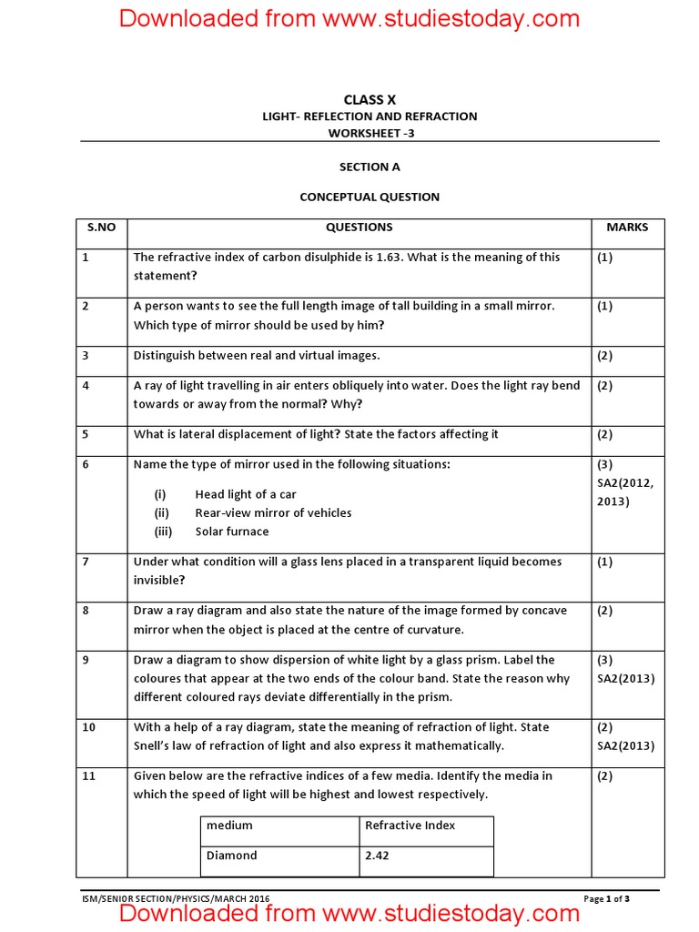 CBSE Class 10 Physics Worksheet - Reflection Refraction of Light | PDF ...