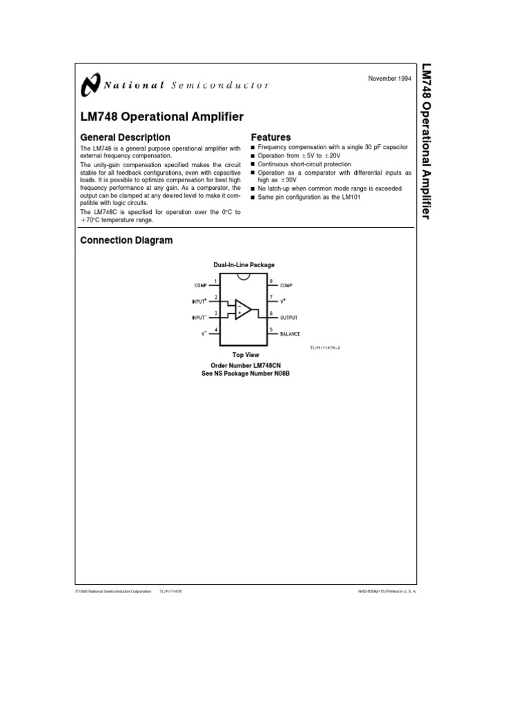 LM748 Operational Amplifier: General Description Features | PDF ...