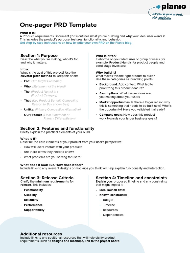One-Pager PRD Template: Section 1: Purpose | PDF | Usability | Business Process