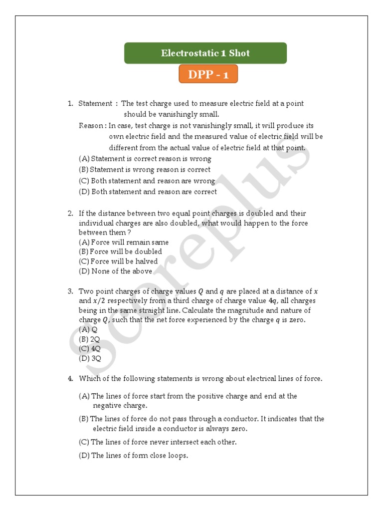 Electrostatic 1 Shot DPP 1 | PDF | Electric Field | Electric Charge
