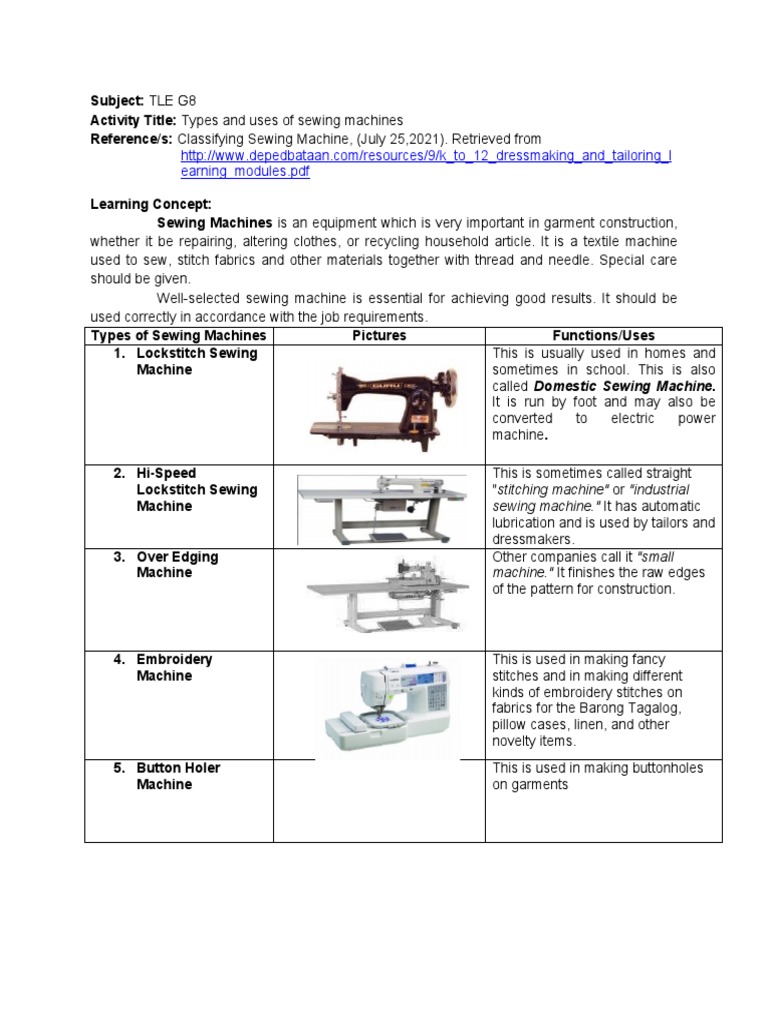 Types and Uses of Sewing Machines | PDF | Sewing | Seam (Sewing)