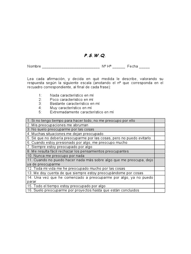 TEST-PSWQ-Preocupación (C.TOC) | PDF