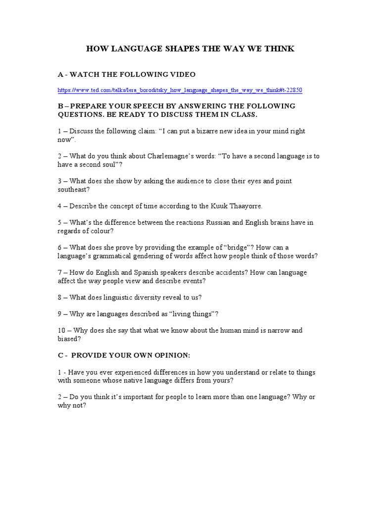 How Language Shapes The Way We Think - Video + Questions | PDF