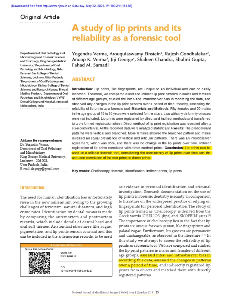Reliability of Lip Prints in Forensics | PDF | Forensic Science