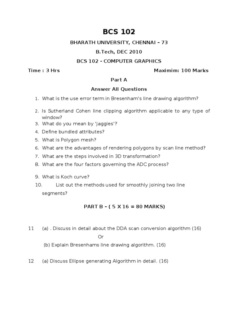 Computer Graphics Exam Questions | PDF