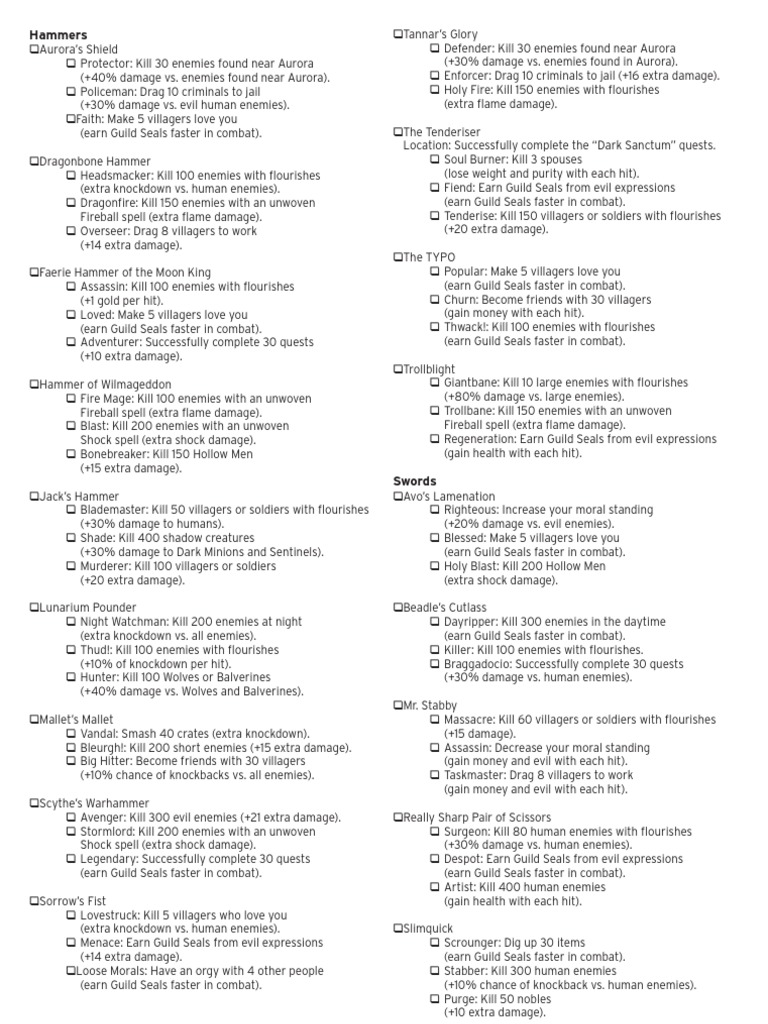 Fable 3 Weapon List | PDF | Leisure