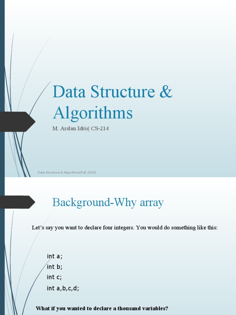 Data Structure And Algorithms M Arslan Idris Cs 214 Pdf Array Data Structure Integer