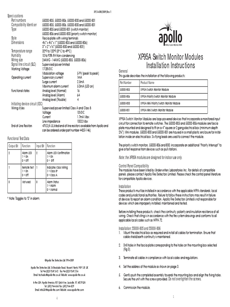 XP95A Switch Monitor Modules Installation Instructions: Part Number ...