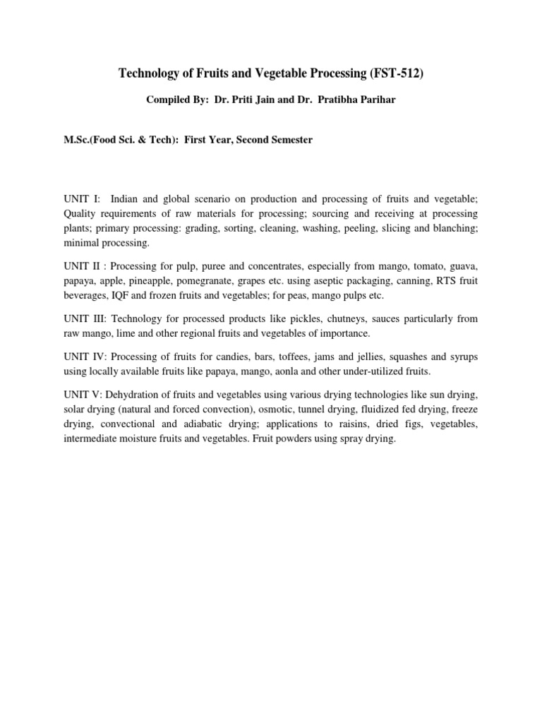 Fruits and Vegetable Processing Technology | PDF | Juice | Diet & Nutrition