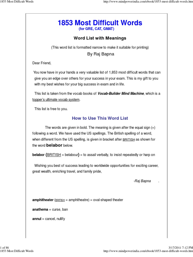1853 Most Difficult Words: Word List With Meanings | PDF