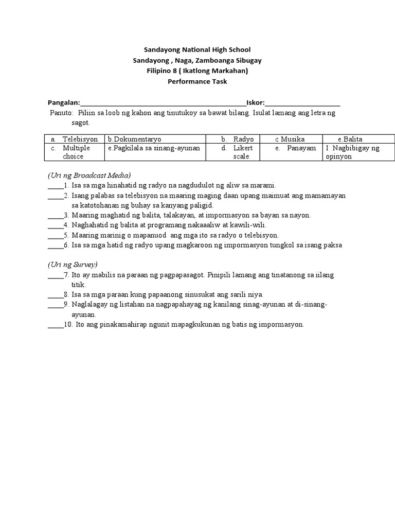 FILIPINO 8 PERFORMANCE TASK With TOS | PDF