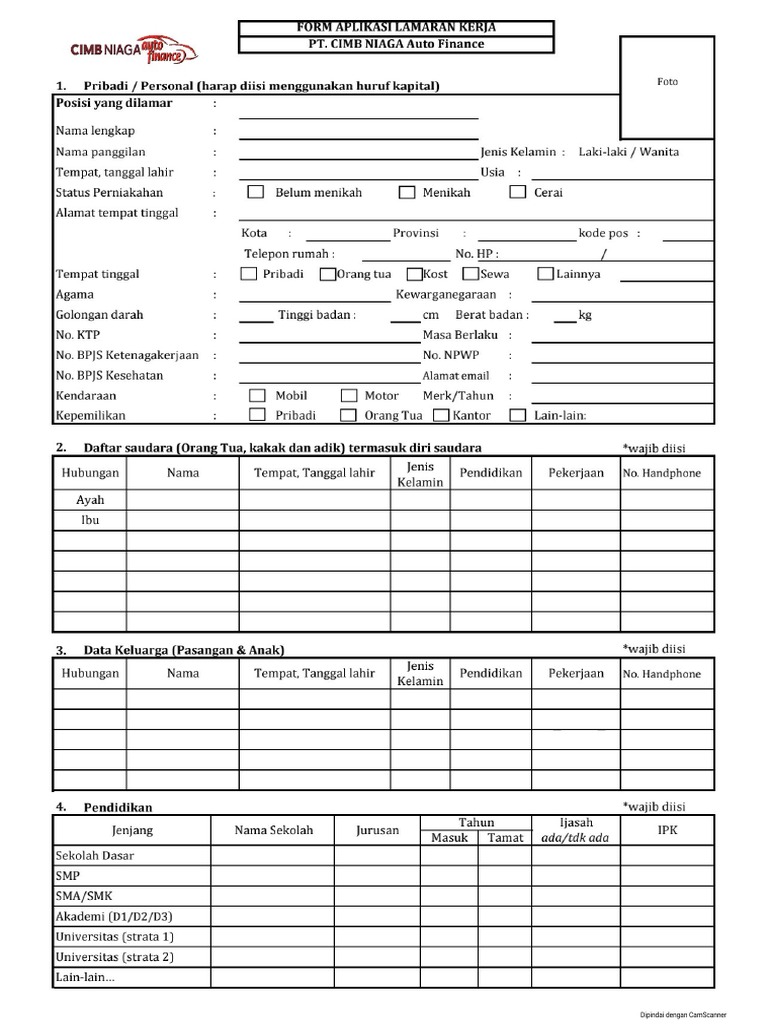 Form Isian Data Pelamar | PDF