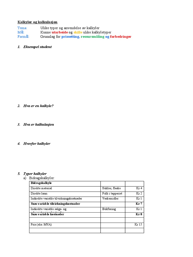 5) Kalkyler Og Kalkulasjon | PDF