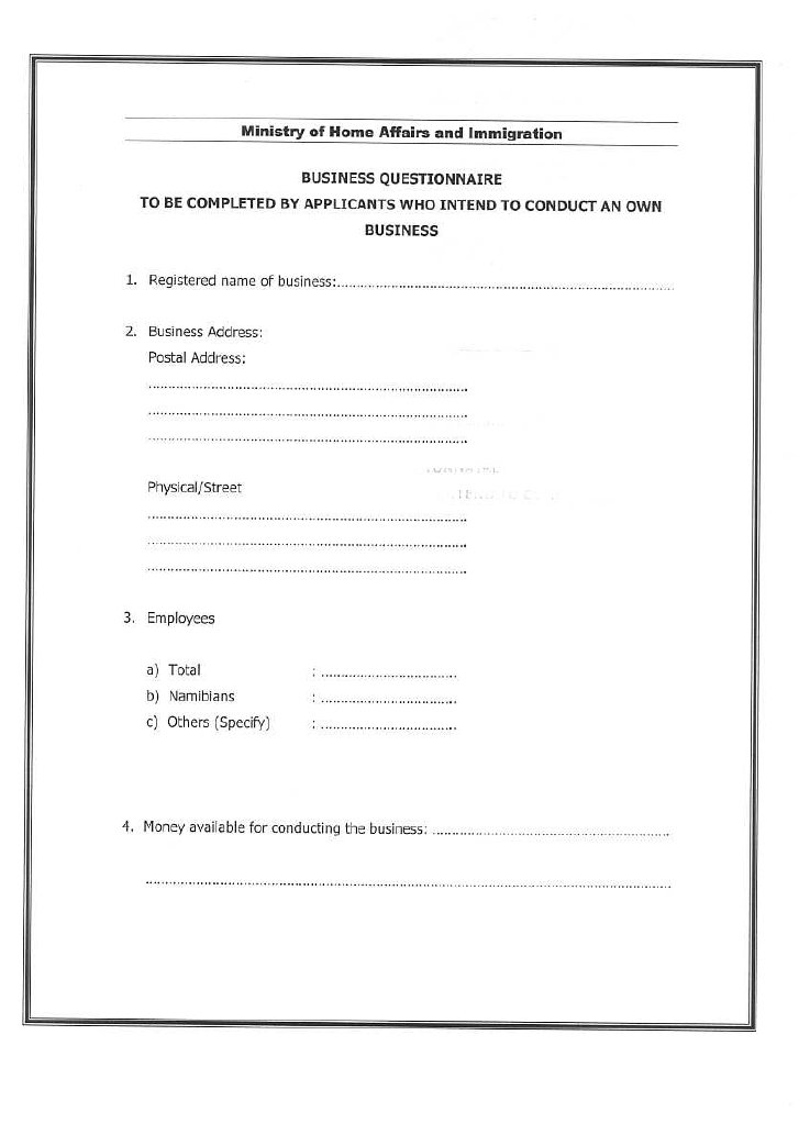 Business Quistionaire Work Permit - Namibian Home Affairs Form