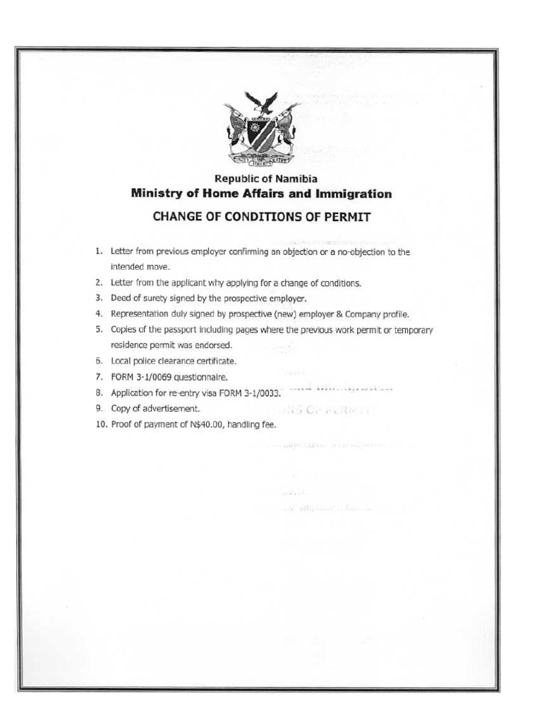 Change of Conditions of Work Permit - Namibian Home Affairs Form | PDF