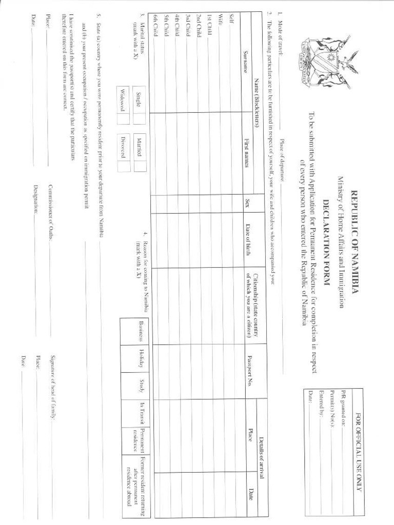 Declaration Form Permanent Residence - Namibian Home Affairs Form | PDF
