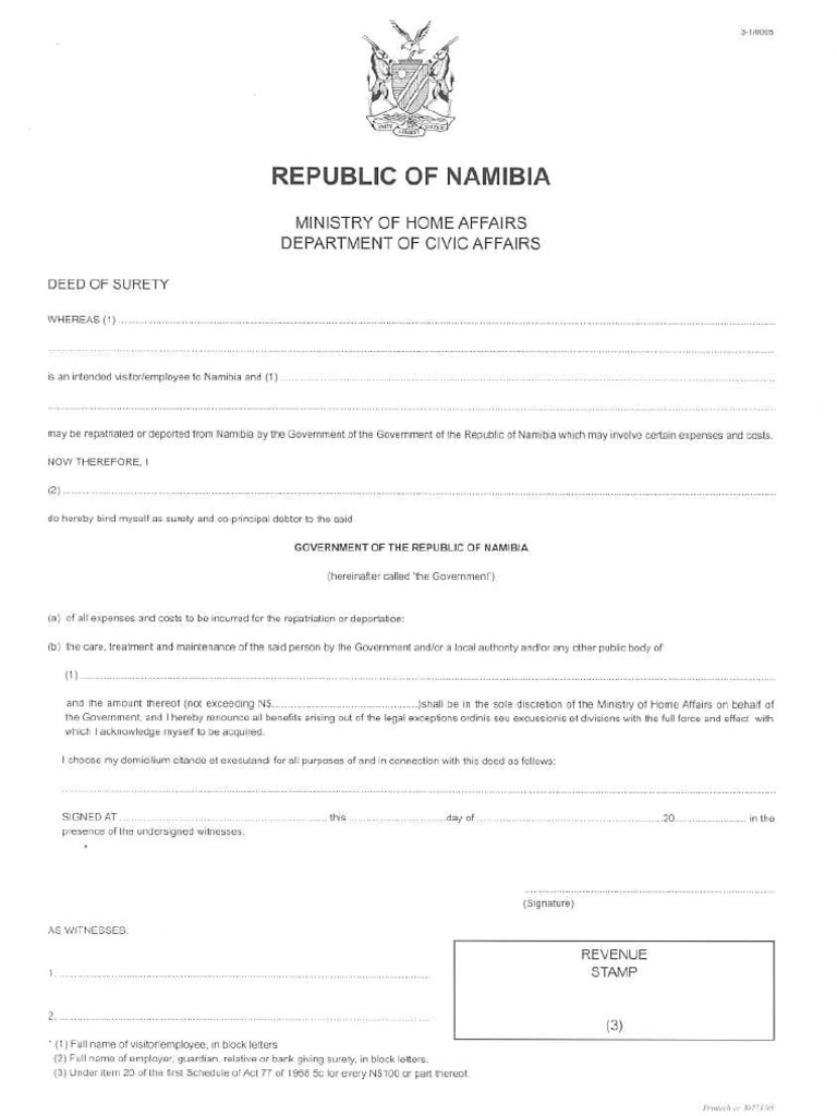 Deed of Surety Study Permit - Namibian Home Affairs Form | PDF