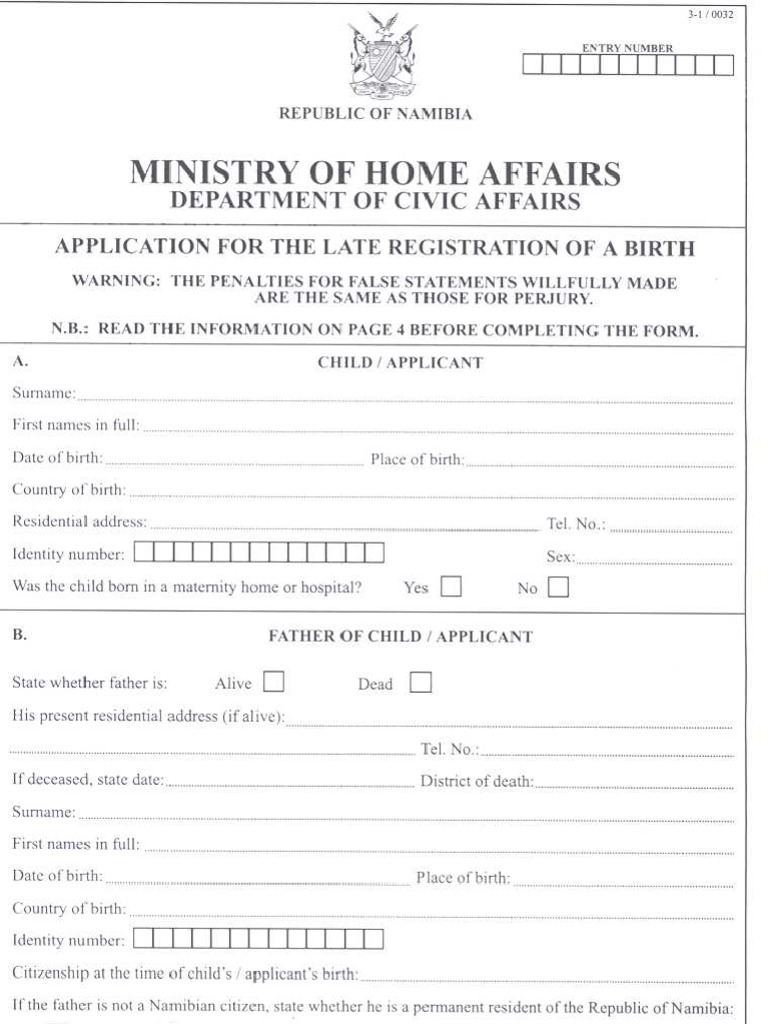 Late Registration of Birth - Namibian Home Affairs Form | PDF | Foreign ...
